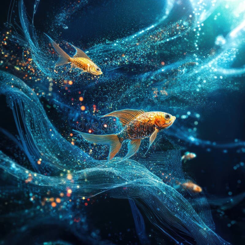 Golden Fish Swimming in a Sparkling Blue Sea Stock Image - Image of ...