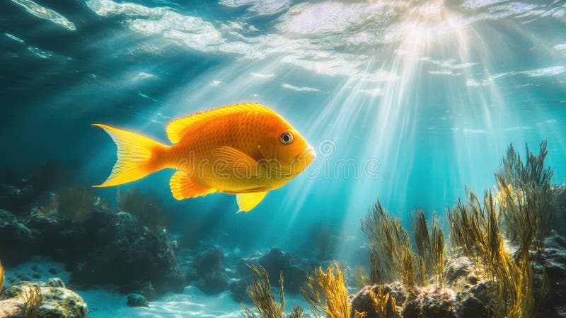 Golden Fish Swims in Sunlit Underwater Coral Reef Stock Illustration ...
