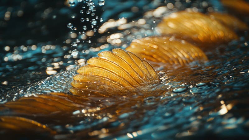 Golden Fish Tail Fin in Water with Droplets Stock Illustration ...