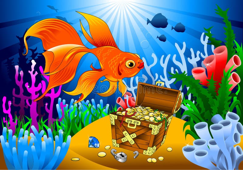 Fish, Treasure Chest, Barrels and Palm Tree Stock Vector - Illustration ...