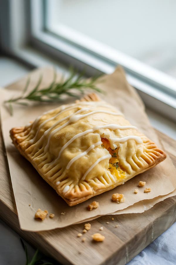 Golden Flaky Hand Pie with White Icing Drizzle on Parchment Paper Stock ...