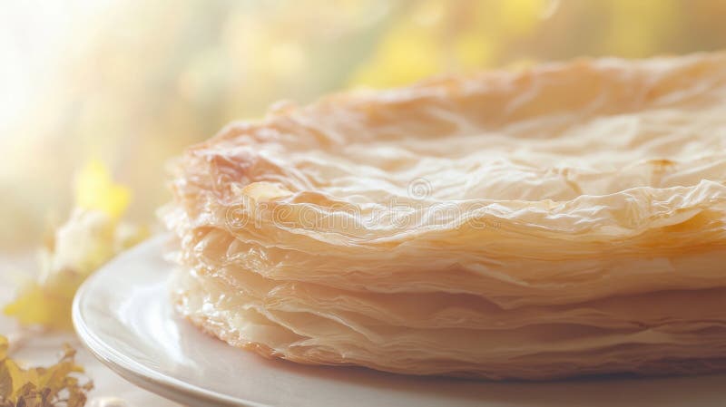 Golden Flaky Phyllo Pastry on Plate with Warm Backlight Stock Image ...
