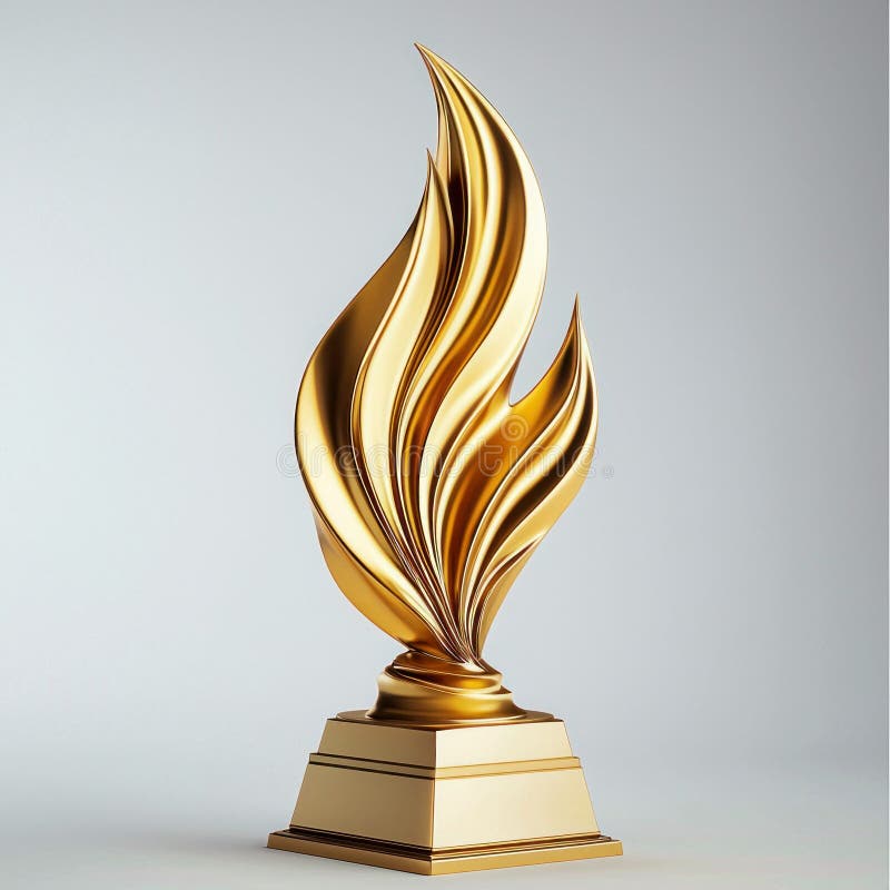 Golden Flame Trophy on a Reflective Surface Stock Photo - Image of ...
