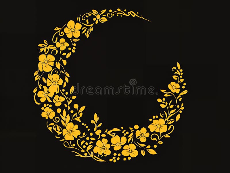 Golden Floral Crescent Moon Design on a Black Background with Delicate ...