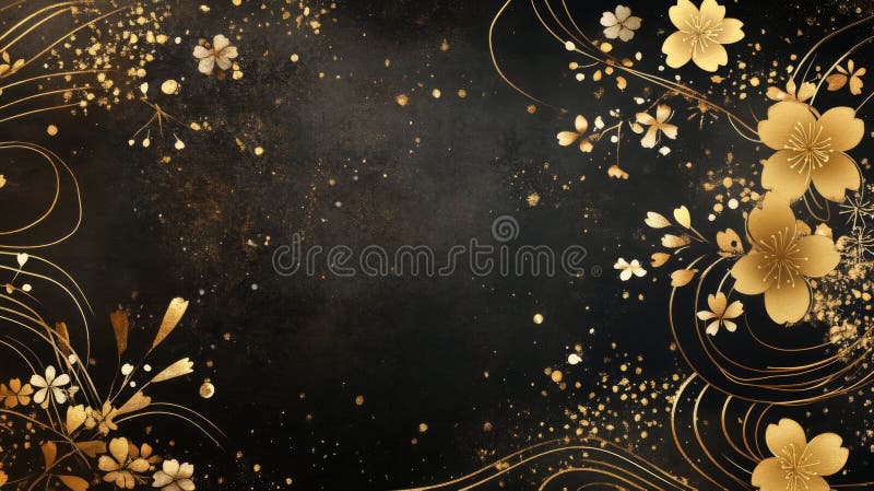 Golden Floral Design on Black Background Stock Illustration ...