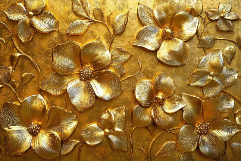 Golden Flowers Bloom on Embossed Surface, Elegant Flora and Shiny ...