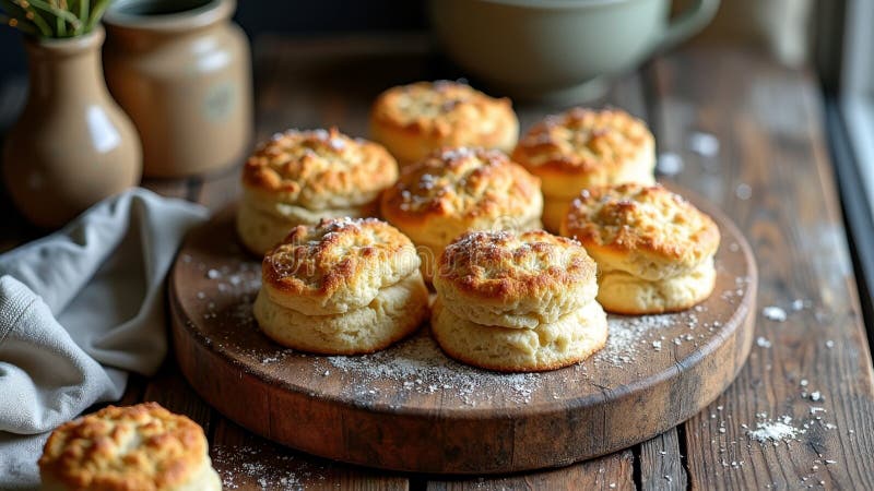 Golden Fluffy Scones on Rustic Wooden Surface with Natural Light Stock ...