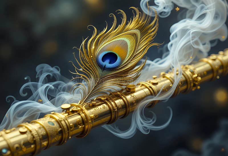 A Golden Flute and Peacock Feather in a Smoky Scene Stock Image - Image ...