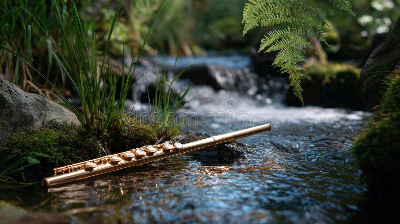 Golden Flute Resting in a Serene Forest Stream Surrounded by Lush ...
