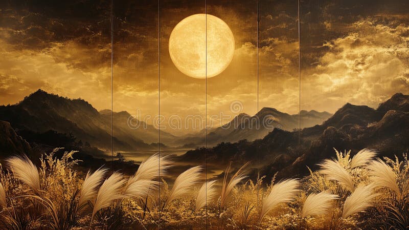 Golden Folding Screen with Pampas Grass and Full Moon Stock Image ...