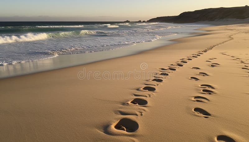 Golden Footprints on Tranquil Sand Dunes at Dusk Generated by AI Stock ...
