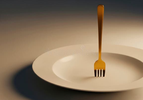 A Golden Fork Stuck in an Empty Plate. Space for Text. Stock Photo ...