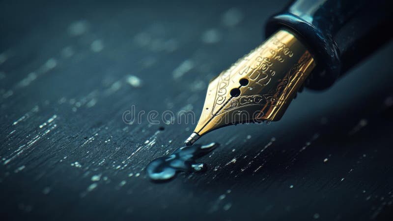 Golden Fountain Pen Tip with Ink Drop on Dark Surface Stock Photo ...