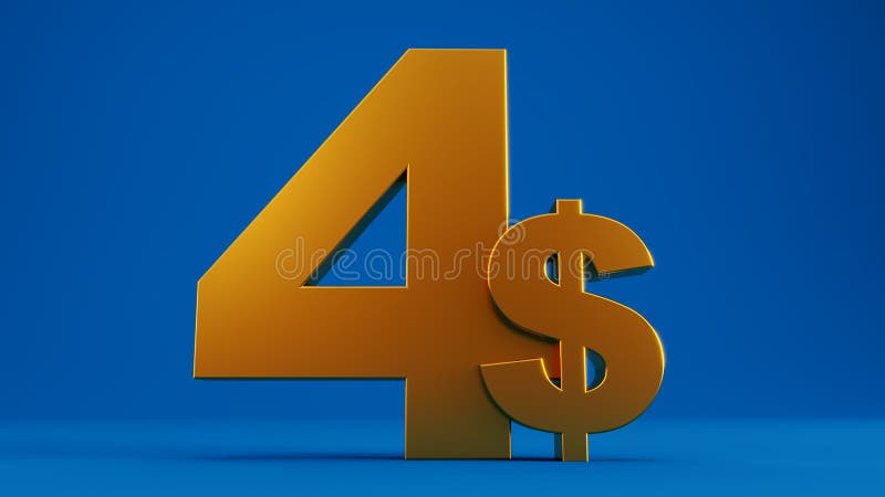 Golden Four Dollars Isolated on Colored Blue Background, Stock ...