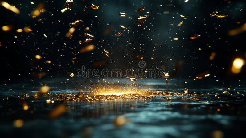 Golden Fragments Explode in Dark Space Stock Illustration ...