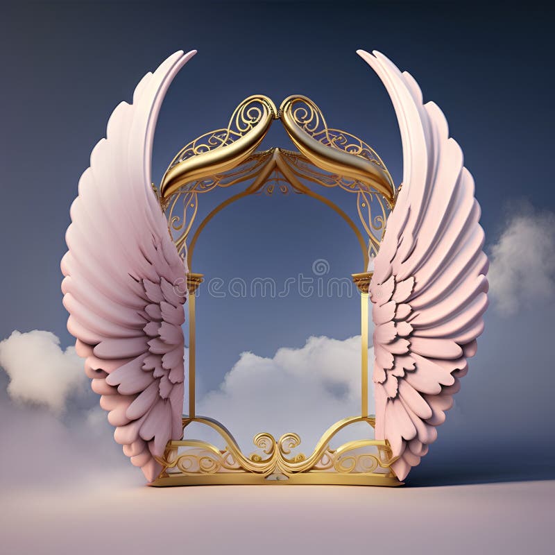 Golden Frame with Angel Wings on a Blue Background. 3d Rendering Stock ...