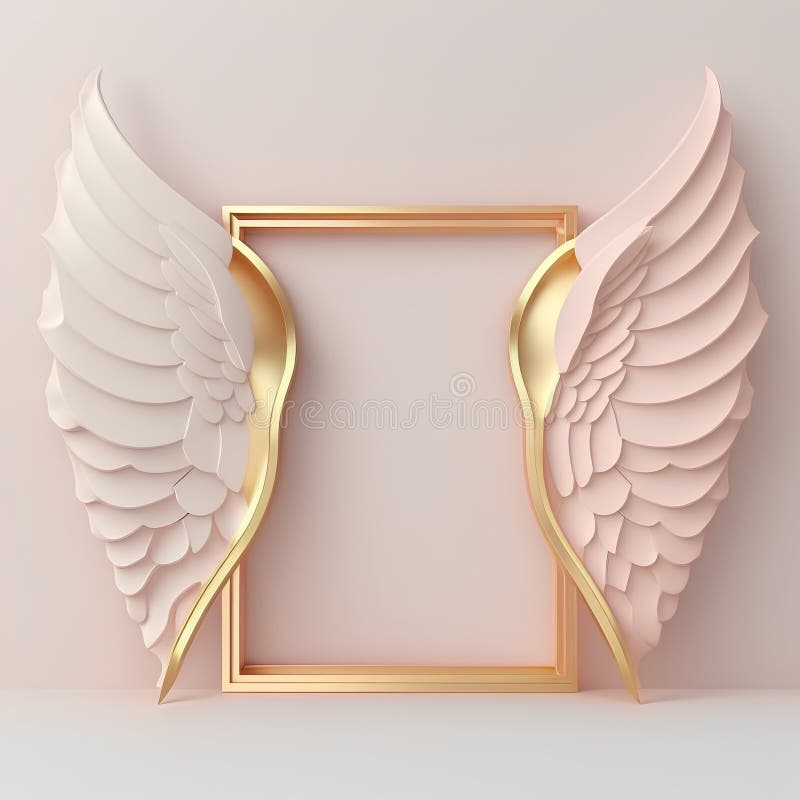 Golden Frame with Angel Wings on a Pink Background. 3d Rendering Stock ...
