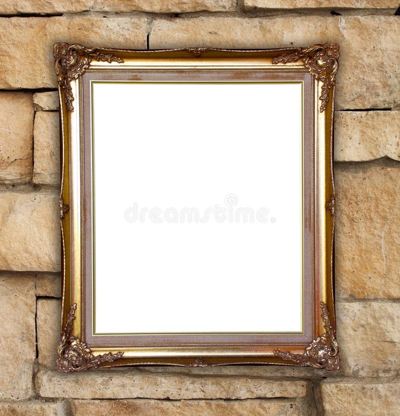 Golden Frame on Brick Stone Wall Background Stock Image - Image of ...