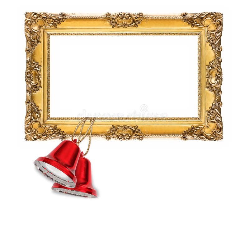 Golden Frame with Christmas Decorative Bells Isolated on a White ...