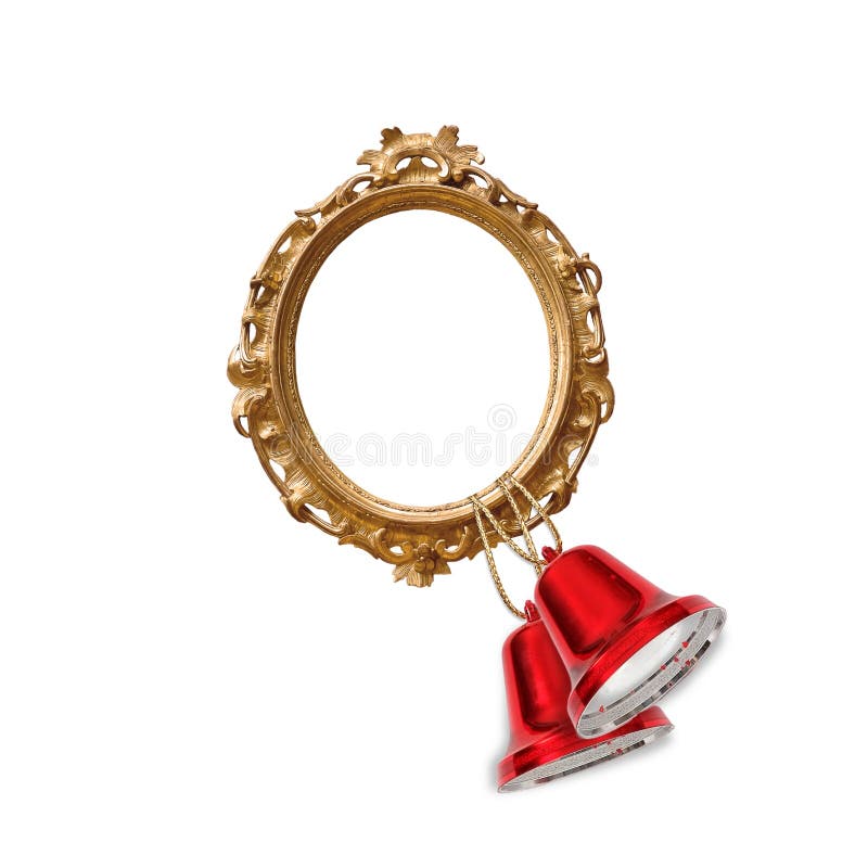 Golden Frame with Christmas Decorative Bells Isolated on a White ...