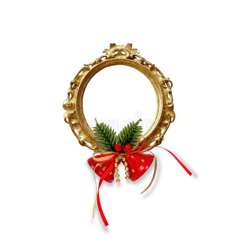 Golden Frame with Christmas Decorative Bells Isolated on a White ...