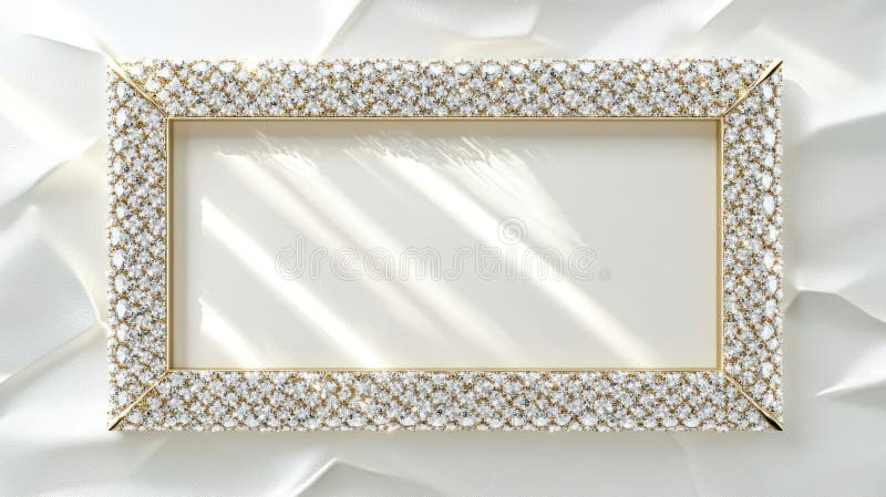 Golden Frame Covered with Diamonds is Lying on White Silk, Horizontal ...