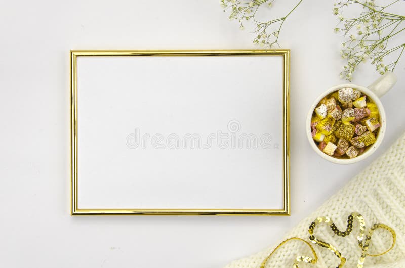 Golden Frame with Cup and Marshmallow White and Golden Colors. Flat Lay ...