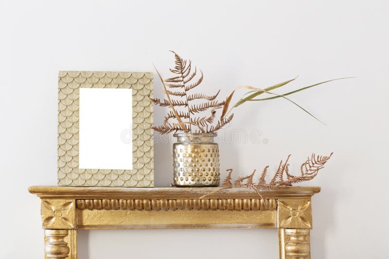 Golden Frame and Dried Plants on White Wall Stock Image - Image of ...
