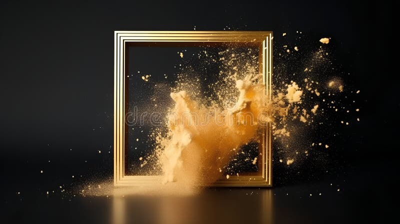 Golden Frame with Explosion and Particles on Black Background. 3d ...