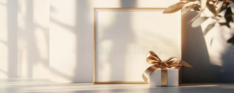 Golden Frame with Gift Box and Ribbon in Sunlight on White Surface ...