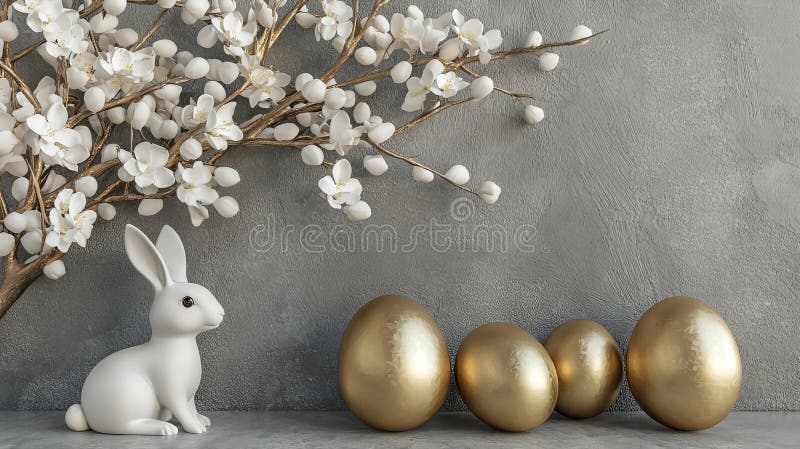 Golden Frame with Golden Rabbit and Eggs, Festive Easter Composition ...