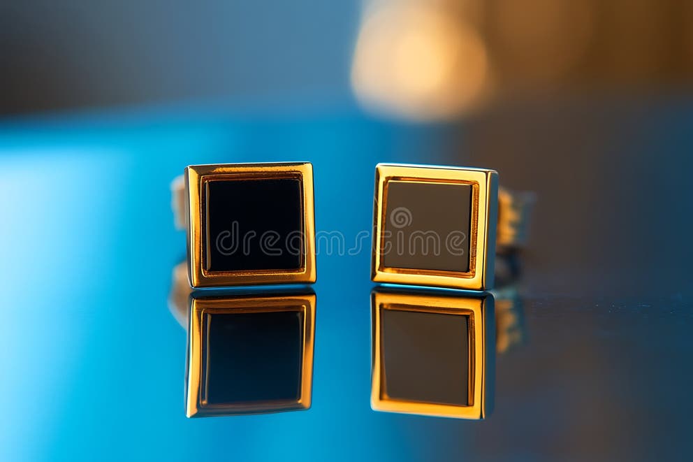 Golden Framed Square Cufflinks on Reflective Surface with Black Insert ...