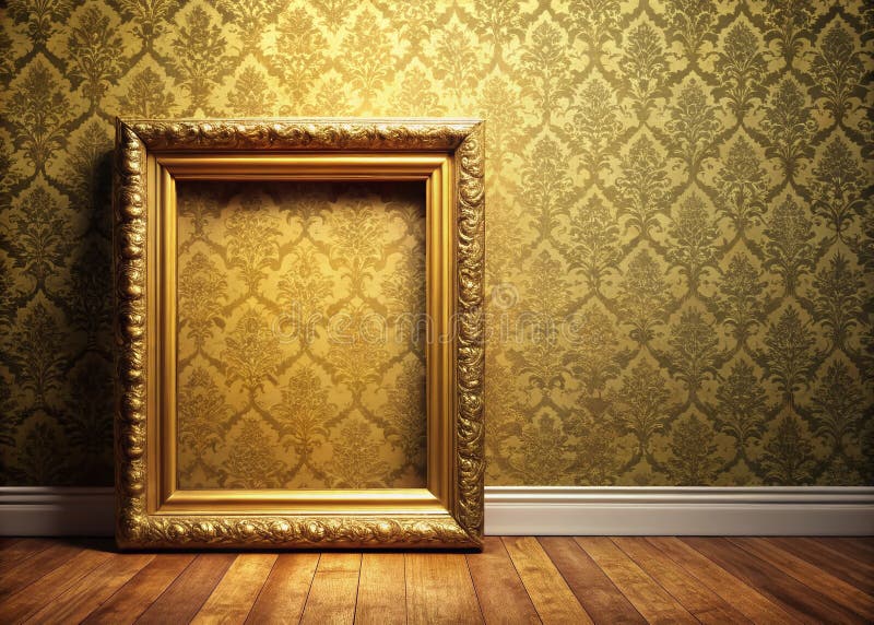 Golden Frames Against a Vintage Wallpaper Pattern a Luxurious Retro ...