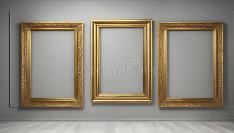 3 Golden Frames Mounted on the Wall, Polished Surface 3d Rendering ...