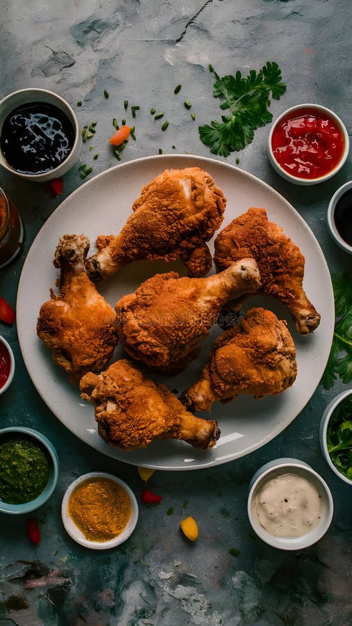 Golden Fried Chicken with Condiments on a Rustic Textured Surface Stock ...