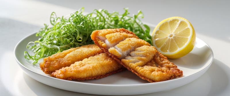 Golden Fried Fish Fillets with Fresh Salad and Lemon Wedge Stock Photo ...