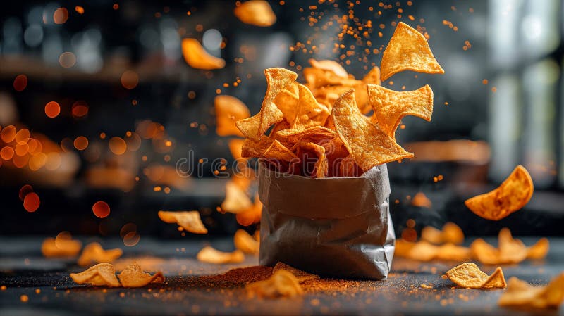 Golden Fried Snacks Cascade from a Rustic Bag in Cozy Kitchen Setting ...