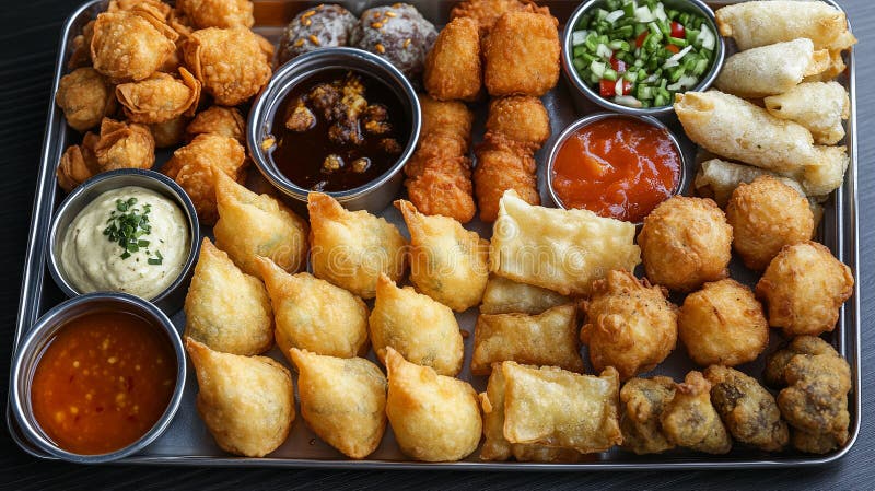 Golden Fried Snacks with Dipping Sauce Tray. Stock Photo - Image of ...