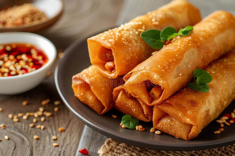 Golden Fried Spring Roll Served with a Side of Sauce Stock Illustration ...