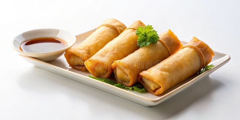 Golden Fried Spring Rolls Served with Dark Sauce on a Rectangular Dish ...