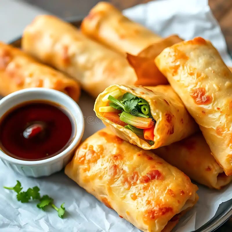 Golden Fried Spring Rolls Served with Dipping Sauce Stock Illustration ...