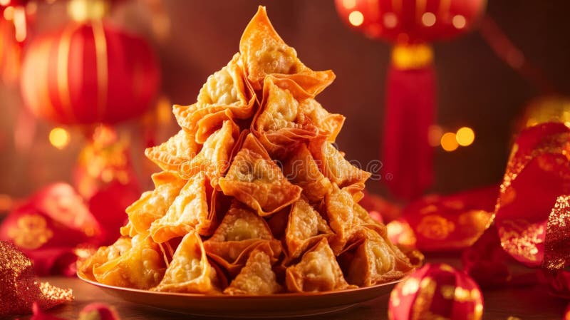 Golden Fried Wontons Stacked in a Pyramid Shape with Red Festive ...