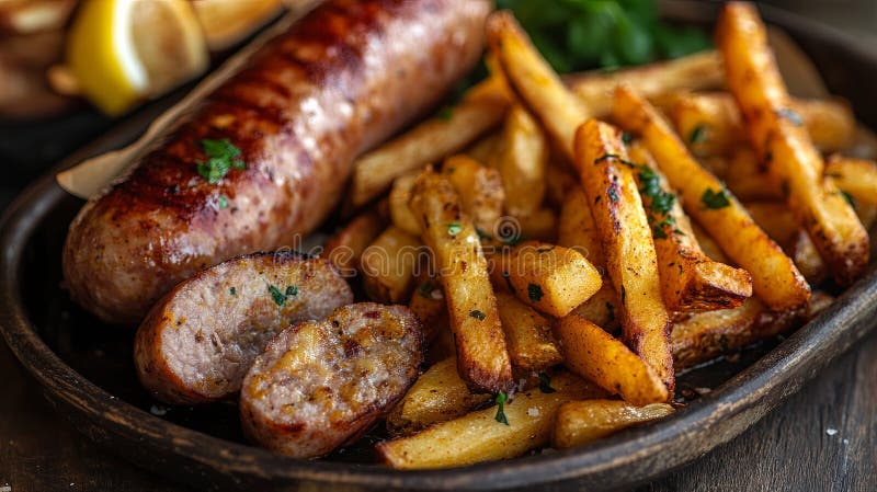 Golden Fries beside Sliced Curry Sausage on Rustic Tray. Stock Photo ...
