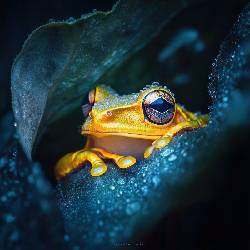 Golden Frog, Under a Leaf, in Dew, Dark Rainforest Stock Image - Image ...