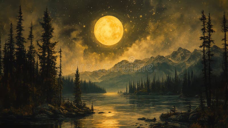 Golden Full Moon Night Landscape with Mountains and River Stock ...