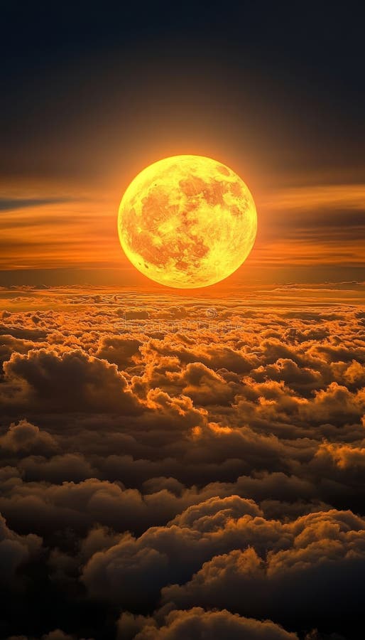 Golden Full Moon Over Cloudscape, Dramatic Sunset Sky with Orange ...