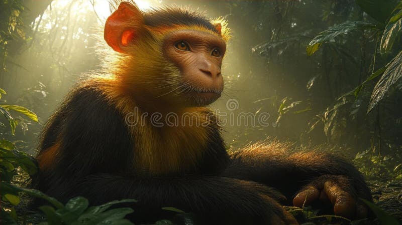 Golden Fur Monkey in Lush Green Jungle Sunlight Portrait Stock Photo ...