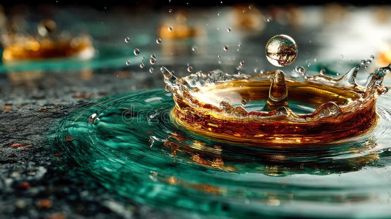 Golden Futuristic Liquid Drop Splashing into a Reflective Surface ...