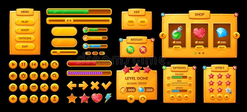 Golden Game Interface Icons, GUI Buttons, Panels Stock Illustration ...
