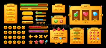 Golden Game Interface Icons, GUI Buttons, Panels Stock Vector ...